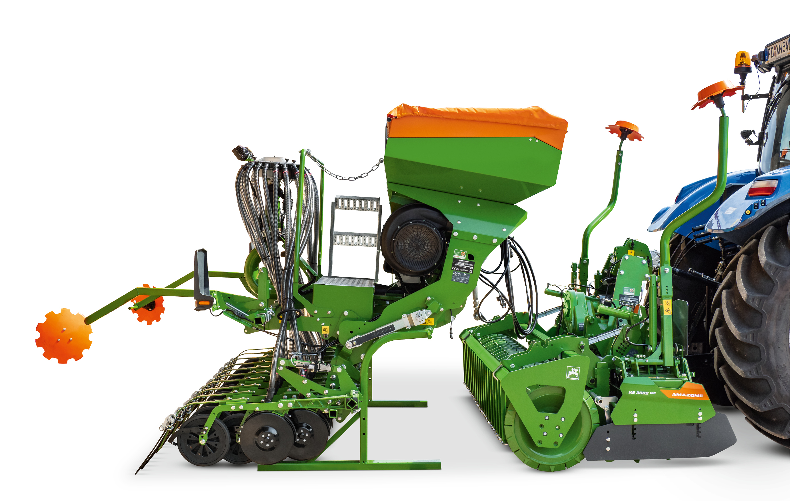 The Centaya 3000 Special harrow-mounted seed drill is connected to the ...